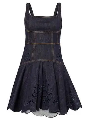 SELF-PORTRAIT Cut-out Bow-embroidered Denim Mini Dress - Blue