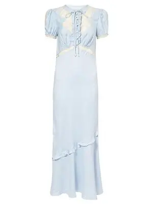 SELF-PORTRAIT Puff-sleeve Lace Insert Satin Midi Dress - Blue