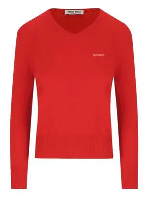 Miu Miu Embroidered Logo V-neck Jumper - Red