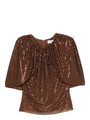 SELF-PORTRAIT Sequin Embellished Cape Sleeve Top - Brown