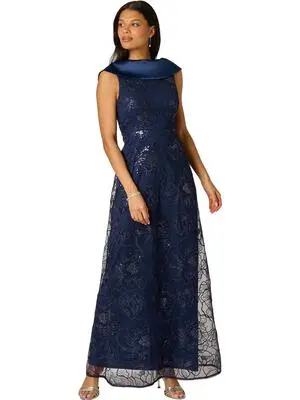 Adrianna Papell Floral Embroidered Satin Roll Collar Gown - Midnight