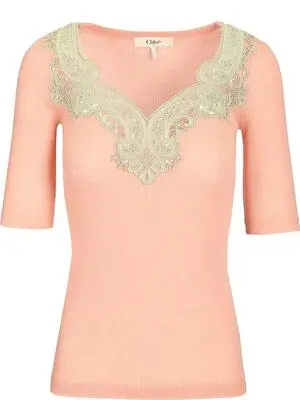 Chloé Wool Rib Knit & Guipure Lace Sweater - Multicolor