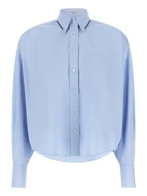 Brunello Cucinelli BRUNELLO CUCINELLI Cropped Cotton Shirt With Shiny Trim Blue