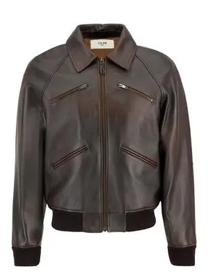 Celine Zipped Leather Bomber Jacket With Front Pockets - Brown