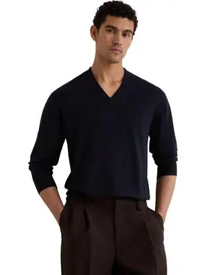 REISS Earlsfield Merino Wool V-neck Jumper - Navy