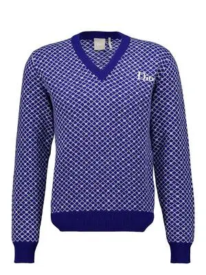 Dior Wool V-neck Sweater With Geometric Pattern - Blue