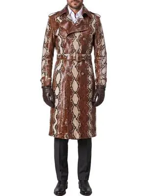 BILLIONAIRE Snake Print Leather Trench Coat - Brown