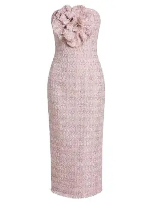 Mac Duggal Strapless Boucle Midi Dress With 3d Flower Embellishment - Pink
