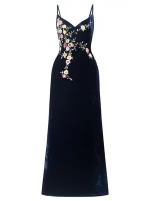 SILK AND BEARS Hand-embroidered Velvet Evening Dress - Blue