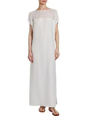 Santorelli Crocheted Cap Sleeve Linen Maxi Dress - Ivory