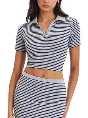 MISS CIRCLE NEW YORK Westley Lyocell Jersey Striped Polo Cropped Top - Grey