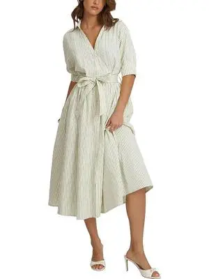 MISS CIRCLE NEW YORK Danica Poplin Striped Midi Shirt Dress - Green