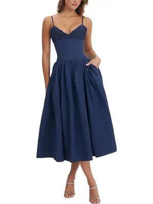 MISS CIRCLE NEW YORK Ailani Taffeta Smocked Midi Dress - Navy