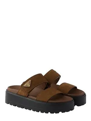 Prada Nubuck Platform Slides - Brown