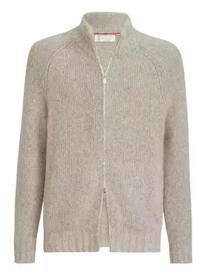 Brunello Cucinelli Cashmere And Silk High-neck Zipper Cardigan - Neutrals