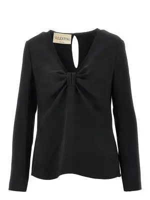 Valentino Garavani Silk Bow Detail Long Sleeve Blouse - Black