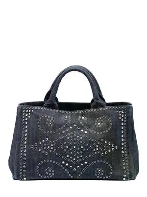 Prada Canapa Logo Studded Satchel - Grey