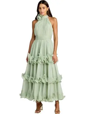 MAC DUGGAL Ieena For Mac Duggal Sleeveless Chiffon Halter Neck Midi Dress With Ruffle Tiers
