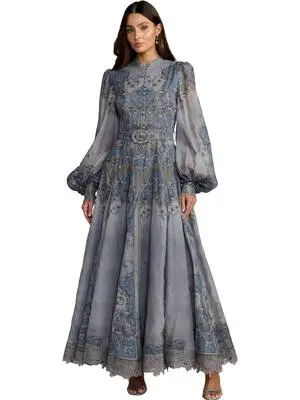 Mac Duggal Printed Bishop Sleeve Maxi Dress - Gray