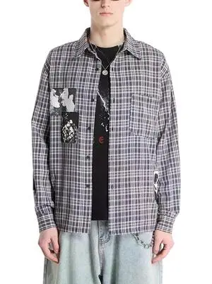 WASTED Check-print Patch-detail Shirt - Black
