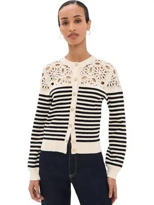 FRAME Coastal Stripe Cardigan With Floral Crochet Lace Detail - Cream Multi