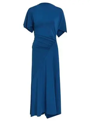 Victoria Beckham Asymmetric Ruched Stretch-jersey Midi Dress - Dark Blue