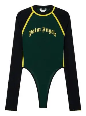 Palm Angels Long Sleeve Bodysuit With Curved Logo - Black