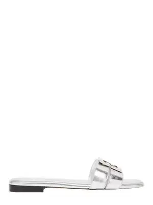 Fendi Ff Logo Plaque Metallic Nappa Leather Sandals - Silver