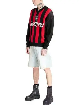 WASTED Striped Logo-intarsia V-neck Sweater - Black