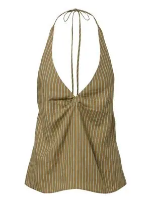 Staud Corso Striped Halterneck Linen Top - Green