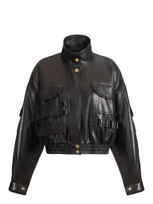 Balmain Lambskin Leather Cropped Bomber Jacket - Black