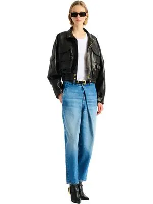 Balmain Lambskin Leather Cropped Bomber Jacket - Black