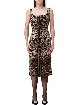 Dolce & Gabbana Animal Print Silk Midi Sheath Dress - Brown