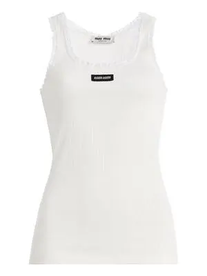 Miu Miu Pointelle Knit Cotton Tank Top With Lace Trim - White