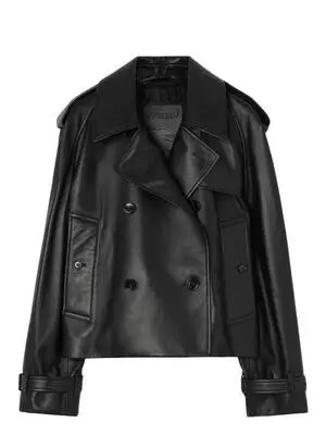 Burberry Cropped Leather Double-breasted Trench Jacket - Black