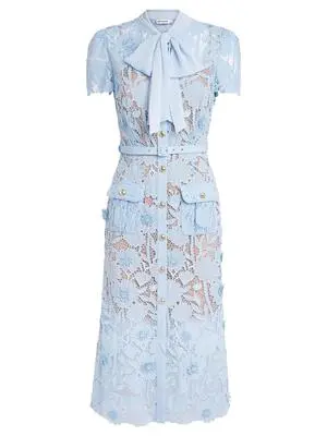 SELF-PORTRAIT Lace Tie-neck Midi Dress - Blue