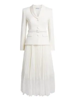 SELF-PORTRAIT Bouclé Midi Dress With Pleated Skirt And Lace Trim - Ivory