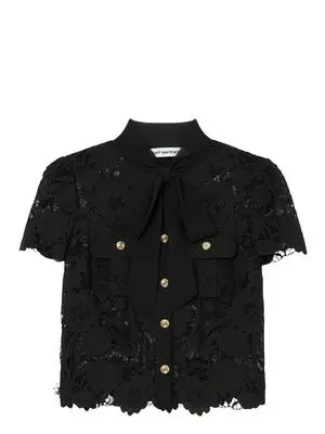 SELF-PORTRAIT Lace Tie Neck Short Sleeve Blouse - Black