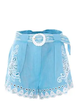 Farm Rio Linen Shorts With Lace Trim And Belt - Blue