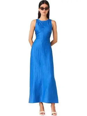 Maje Linen-blend Backless Maxi Dress With Rhinestone Trim - Blue