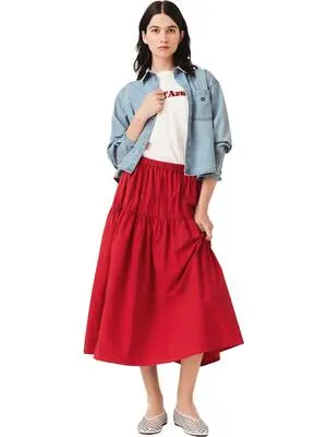 Maje Cotton Flared Gathered Maxi Skirt - Red