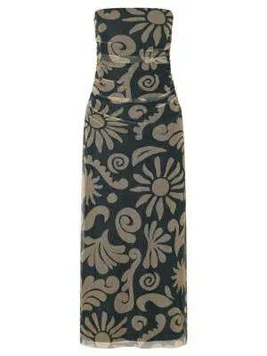 CALA DE LA CRUZ Daphne Ruched Printed Mesh Midi Dress - Black