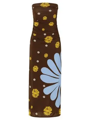 CALA DE LA CRUZ Daphne Ruched Printed Jersey Midi Dress - Brown