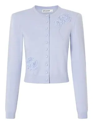 SELF-PORTRAIT Appliquéd Knitted Cardigan - Blue