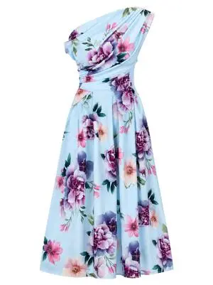 GIRL IN MIND Betty Asymmetric Neckline Skater Midi Dress Print - Blue