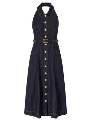 SELF-PORTRAIT Belted Halterneck Denim Midi Dress - Blue