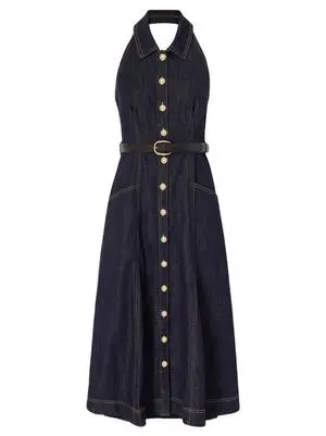 SELF-PORTRAIT Belted Halterneck Denim Midi Dress - Blue