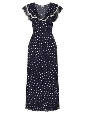 Rixo Bethea Polka Dot Crochet Trim Crepe Midi Dress - Blue