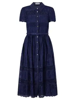 SELF-PORTRAIT Belted Embroidered Lace-trimmed Ramie Midi Dress - Blue