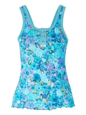 Chloé Floral Print Ribbed Stretch Cotton Tank - Blue